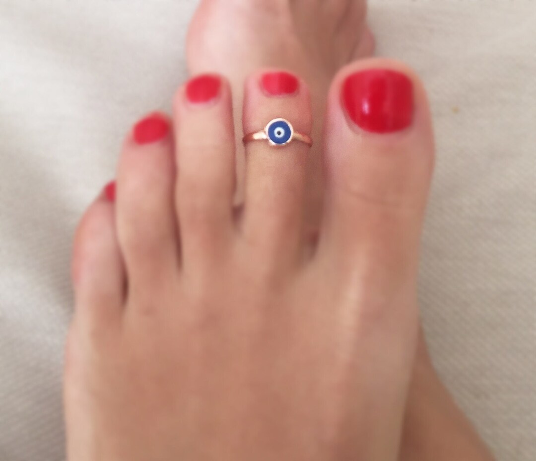 Evil Eye Toe Ring, Navy Blue Adjustable Toe Ring, Knuckle Ring, Gold ...