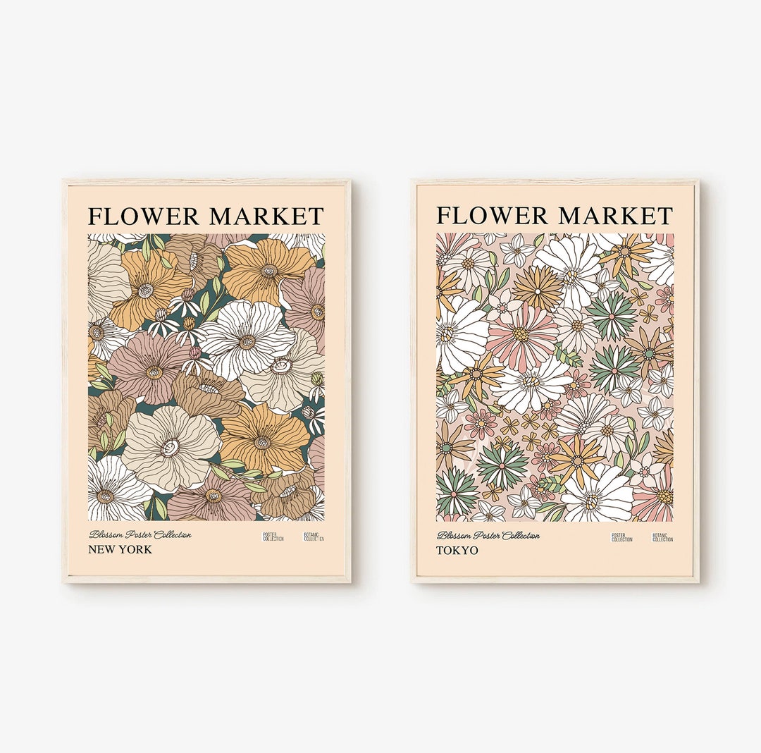 Flower Market Poster Set, Retro Prints, Illustration Poster, Retro Home ...