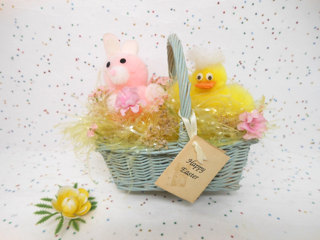 Vintage EASTER Music Box Pink Bunny Yellow Chick Aqua Blue Basket Peter ...