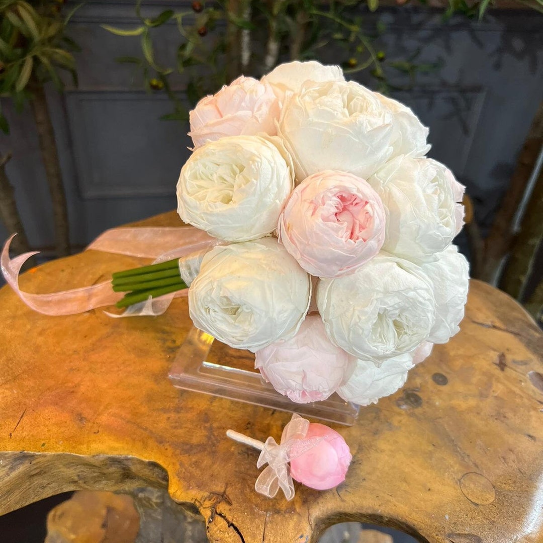 Preserved White and Pink Peony Wedding Bouquet, Preserved Peony Wedding ...