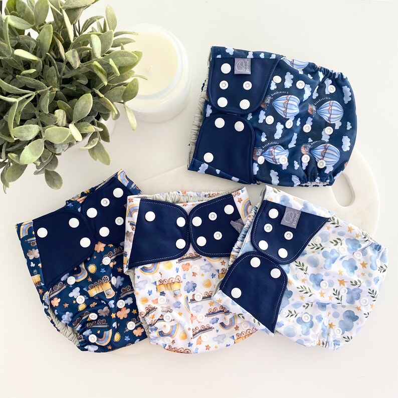 Four 4 Piece Reusable Cloth Nappy Diaper. Train Clouds Balloon. Machine ...