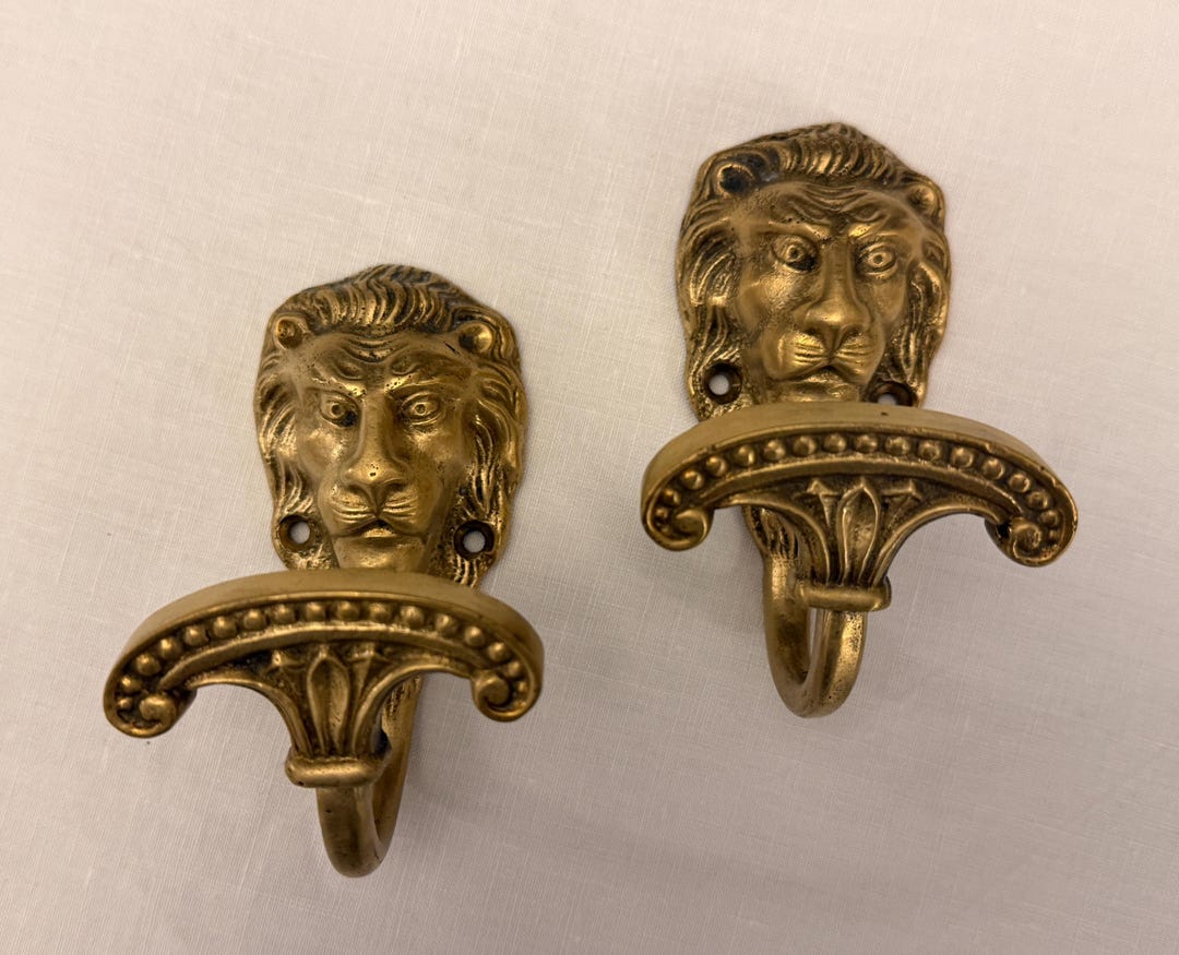 Pair Vintage Brass Lion Head Wall Hooks, Hollywood Regency Coat Hook ...
