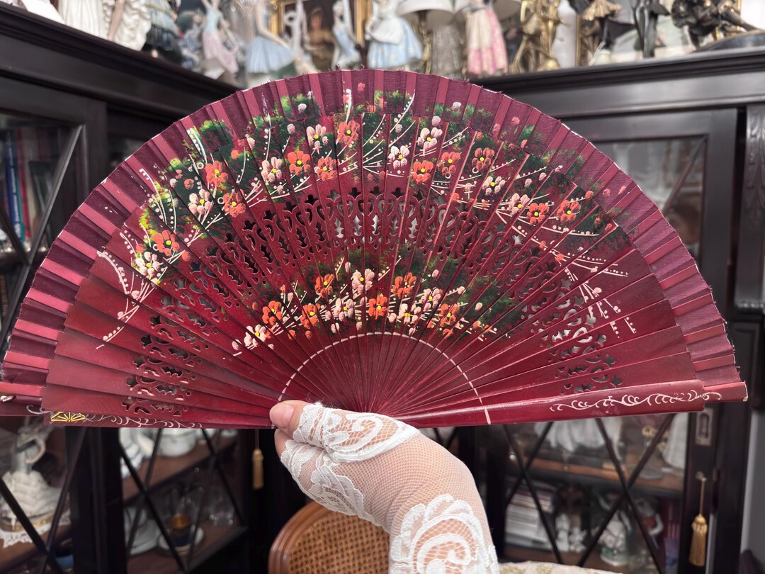 Double-sided Vintage Spanish Fan – Burgundy Wood With Hand-painted ...