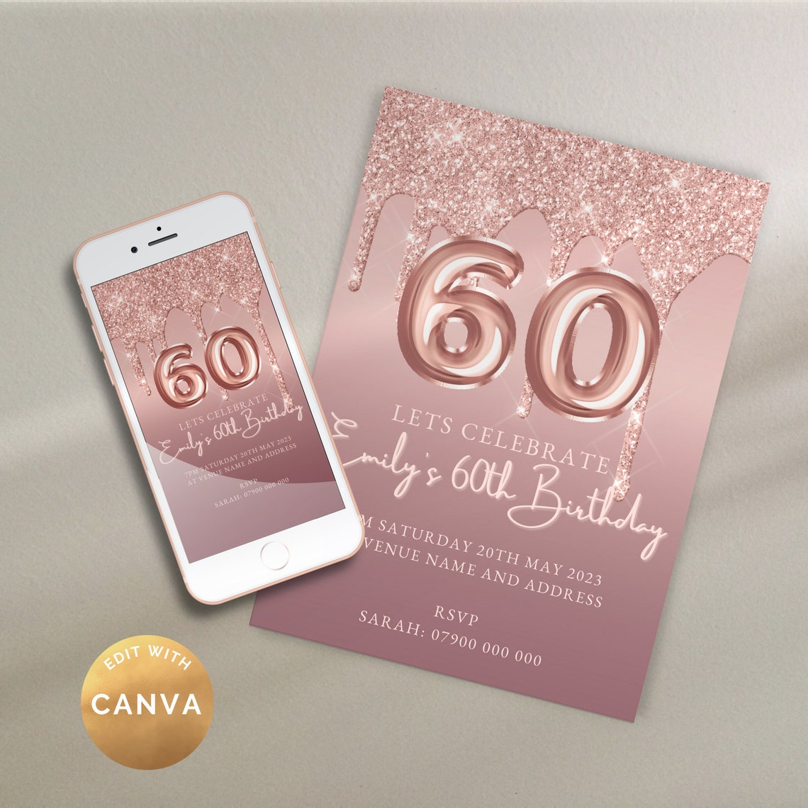 60th Birthday Party Invitation, Rose Gold Pink Glitter Foil Balloon ...