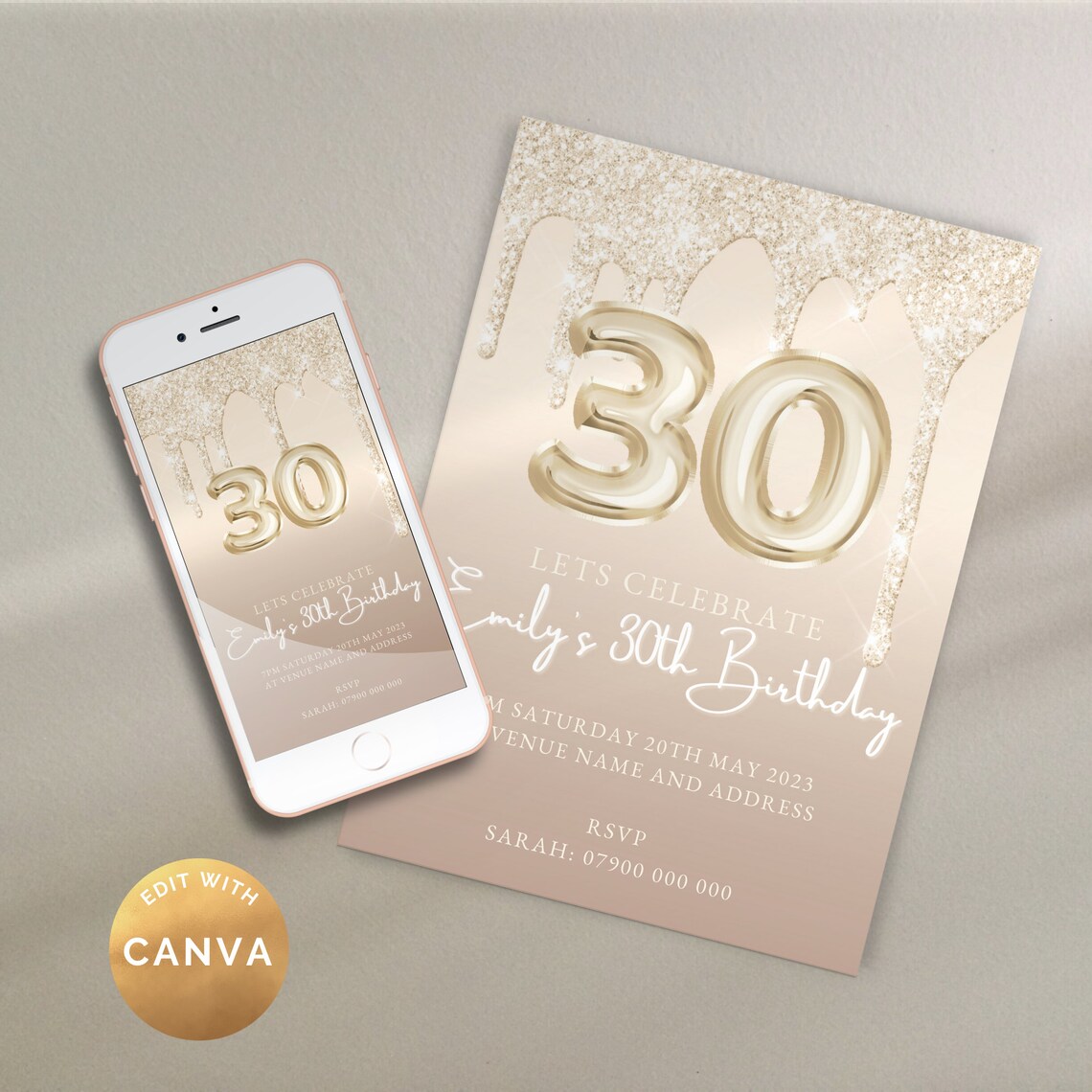 30th Birthday Party Invitation, Champagne Gold Glitter Foil Balloon ...