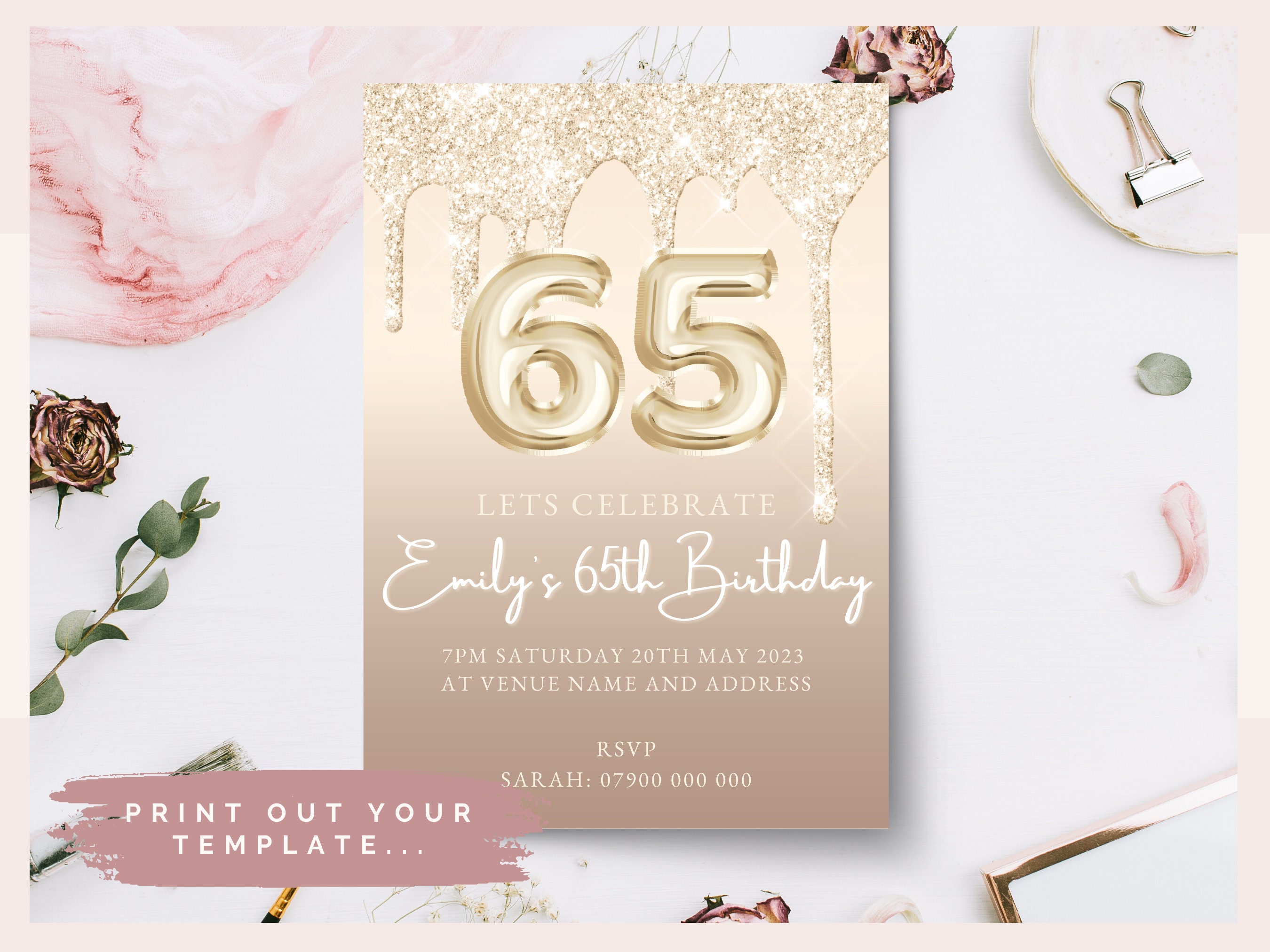 65th Birthday Party Invitation, Champagne Gold Glitter Foil Balloon ...