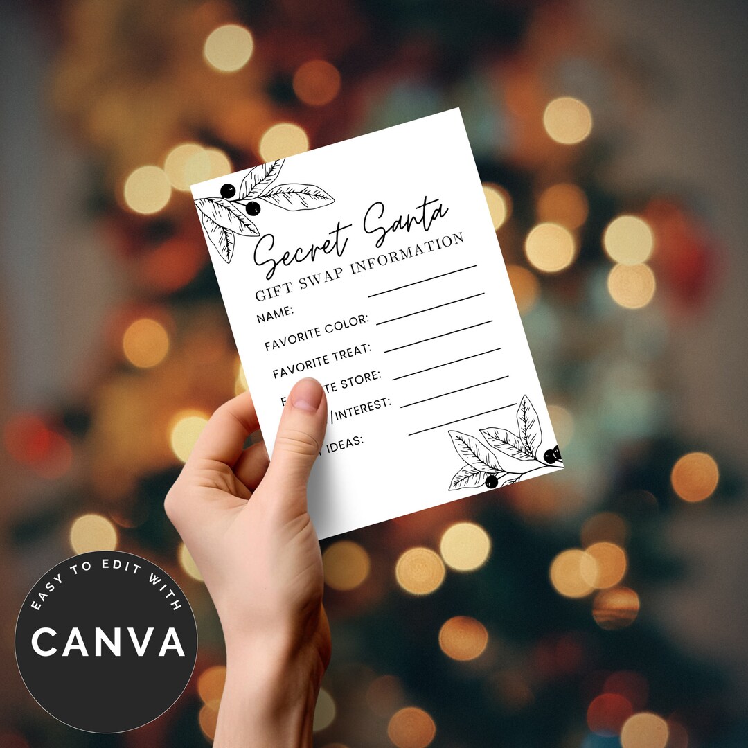 Secret Santa Questionnaire, Holiday Gift Exchange Card, Xmas Party ...