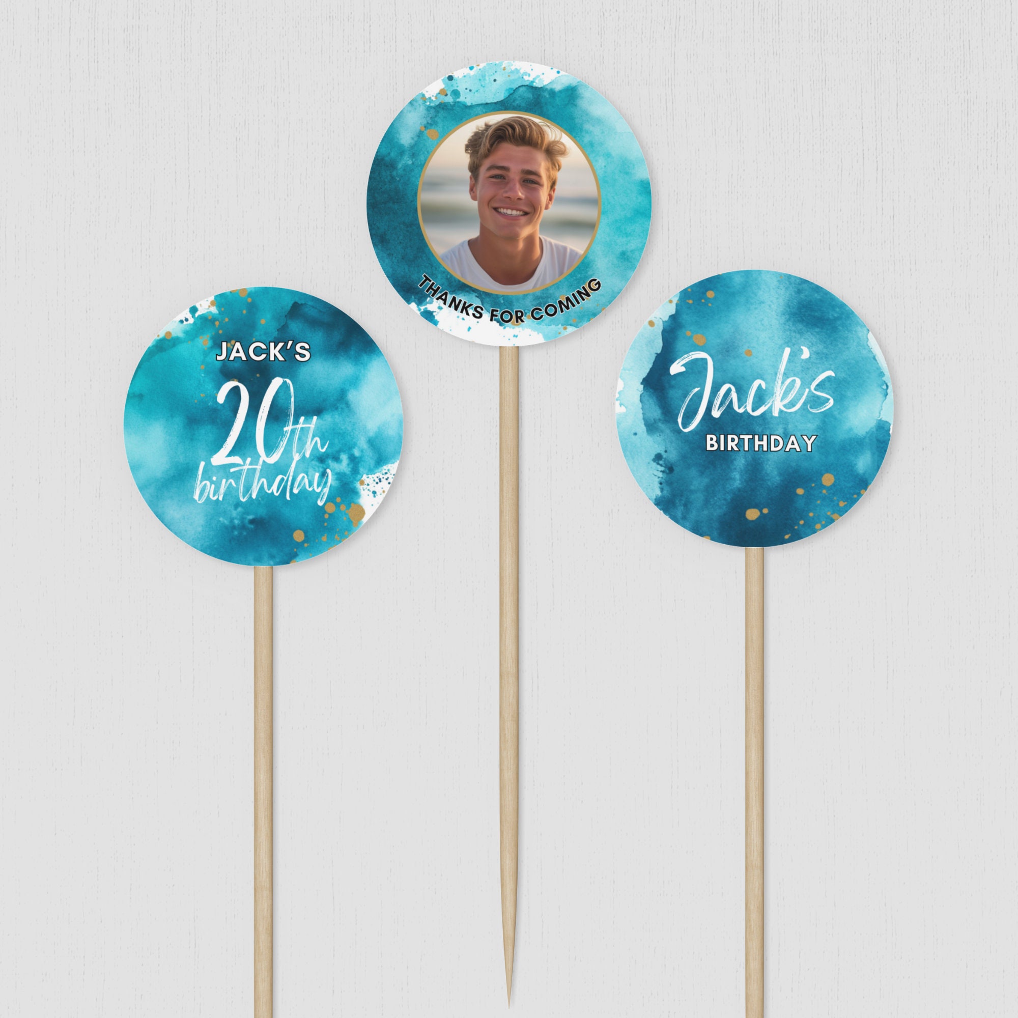 Teal and Gold Cupcake Toppers, Circle Cake Decoration, Blue Watercolor ...