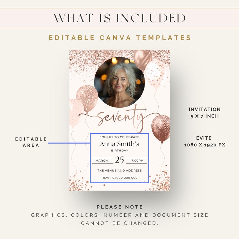 Rose Gold Birthday Invitation With Picture, 70th Party Celebration ...