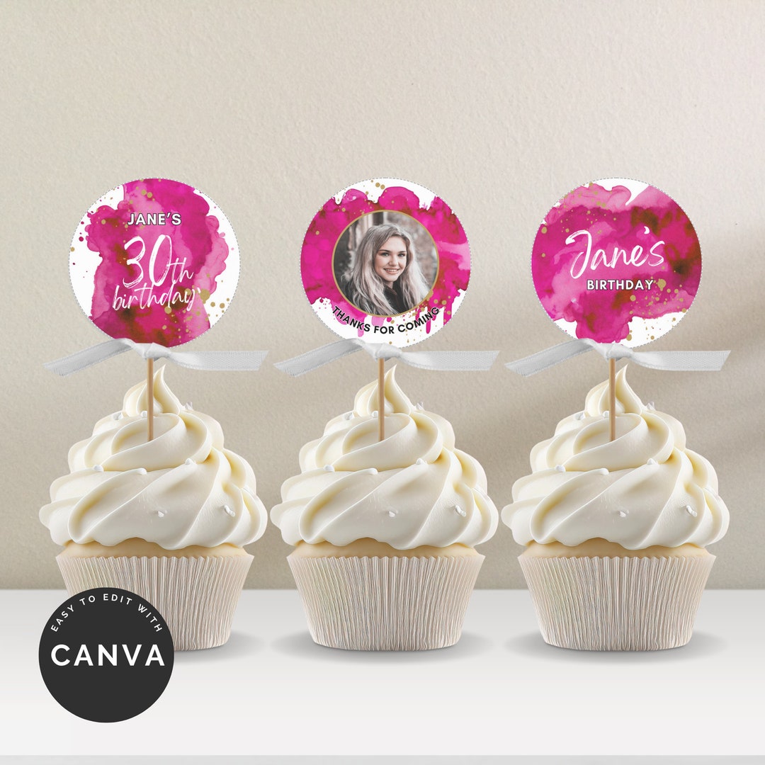 Pink and Gold Cupcake Toppers, Circle Cake Decoration, Fuchsia ...