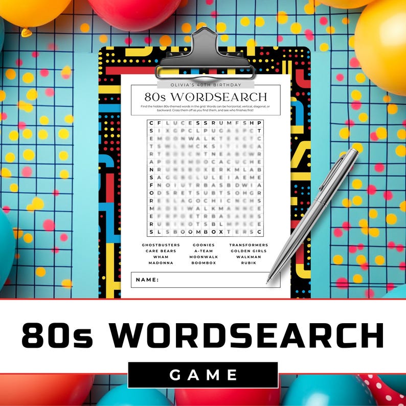 80s Wordsearch Puzzle, Born in the 1980s Party Activity, 40th Birthday ...