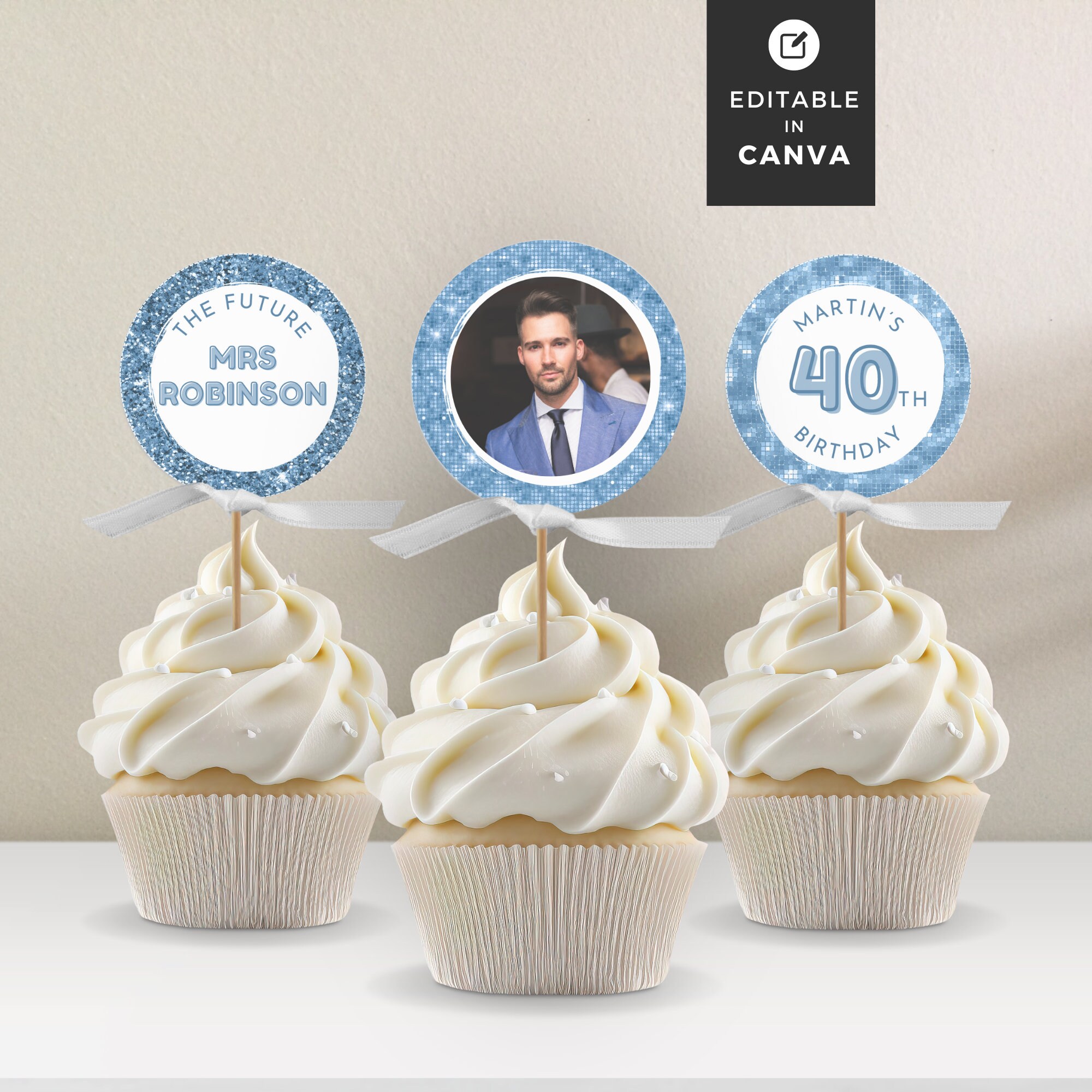 Baby Blue Cupcake Toppers, Circle Cake Decoration, Metallic Glitter for ...