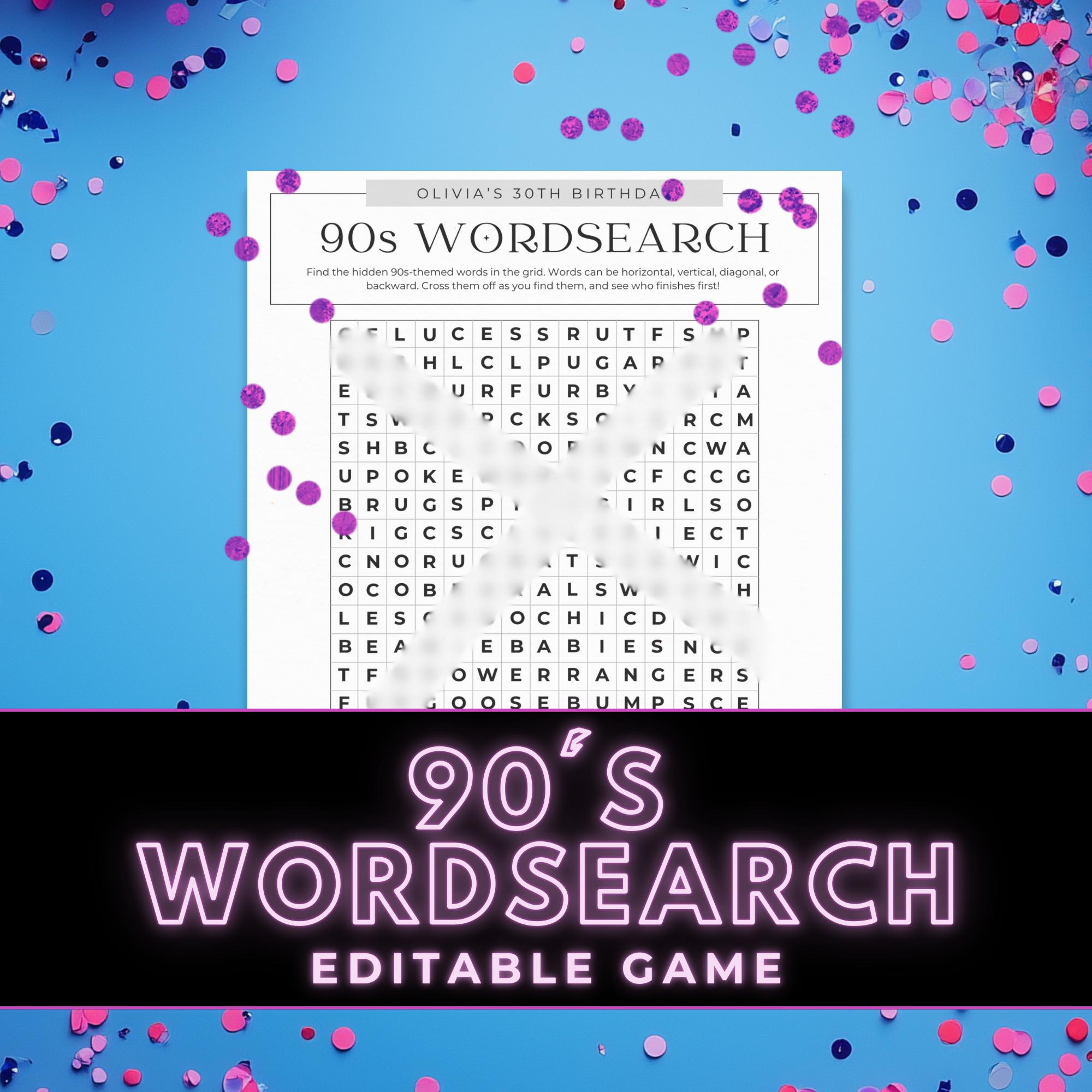 90s Wordsearch Puzzle, Born in the 1990s Party Activity, 30th Birthday ...