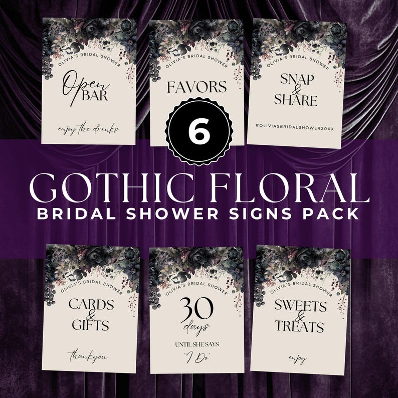 Gothic Bridal Shower Signs Pack, Moody Floral Bachelorette Party, Guest ...