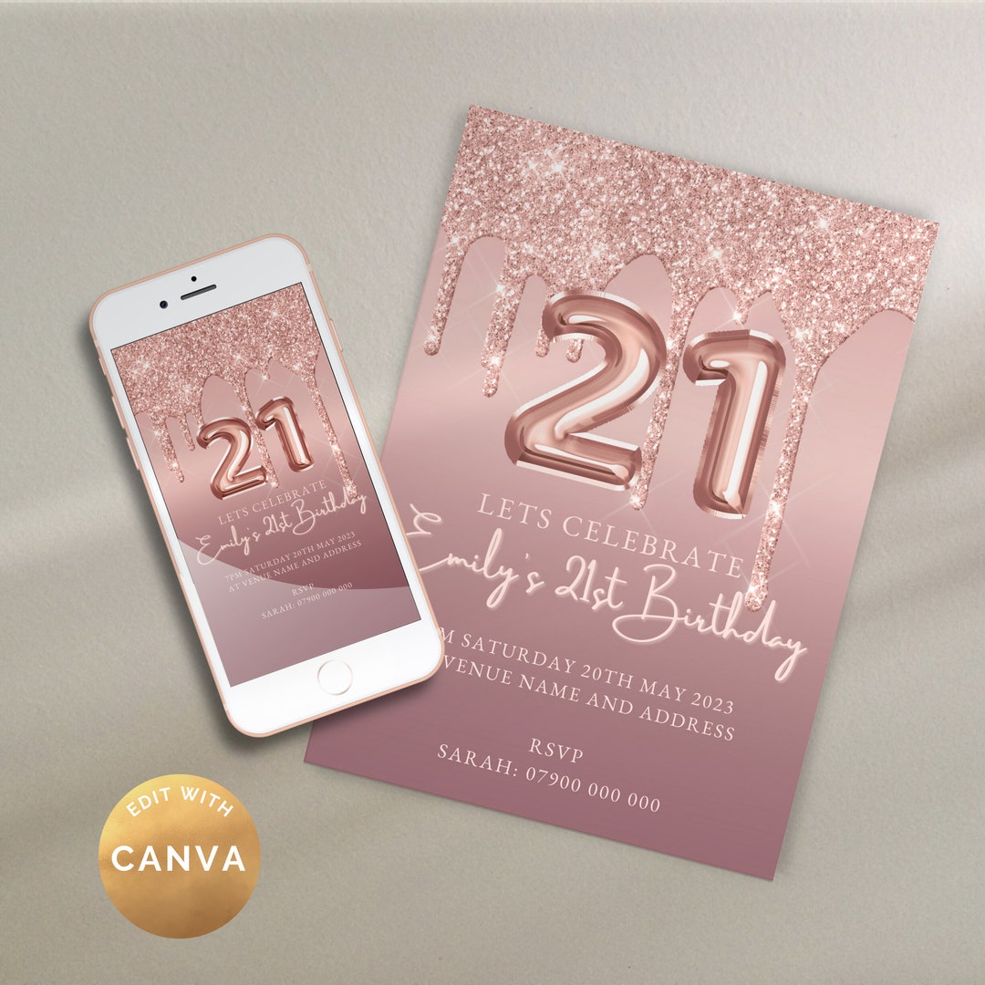 21st Birthday Party Invitation, Rose Gold Pink Glitter Foil Balloon ...