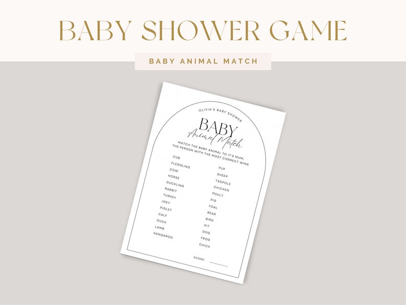 Baby Animal Match, Baby Shower Game, Modern Minimal Printable Activity ...