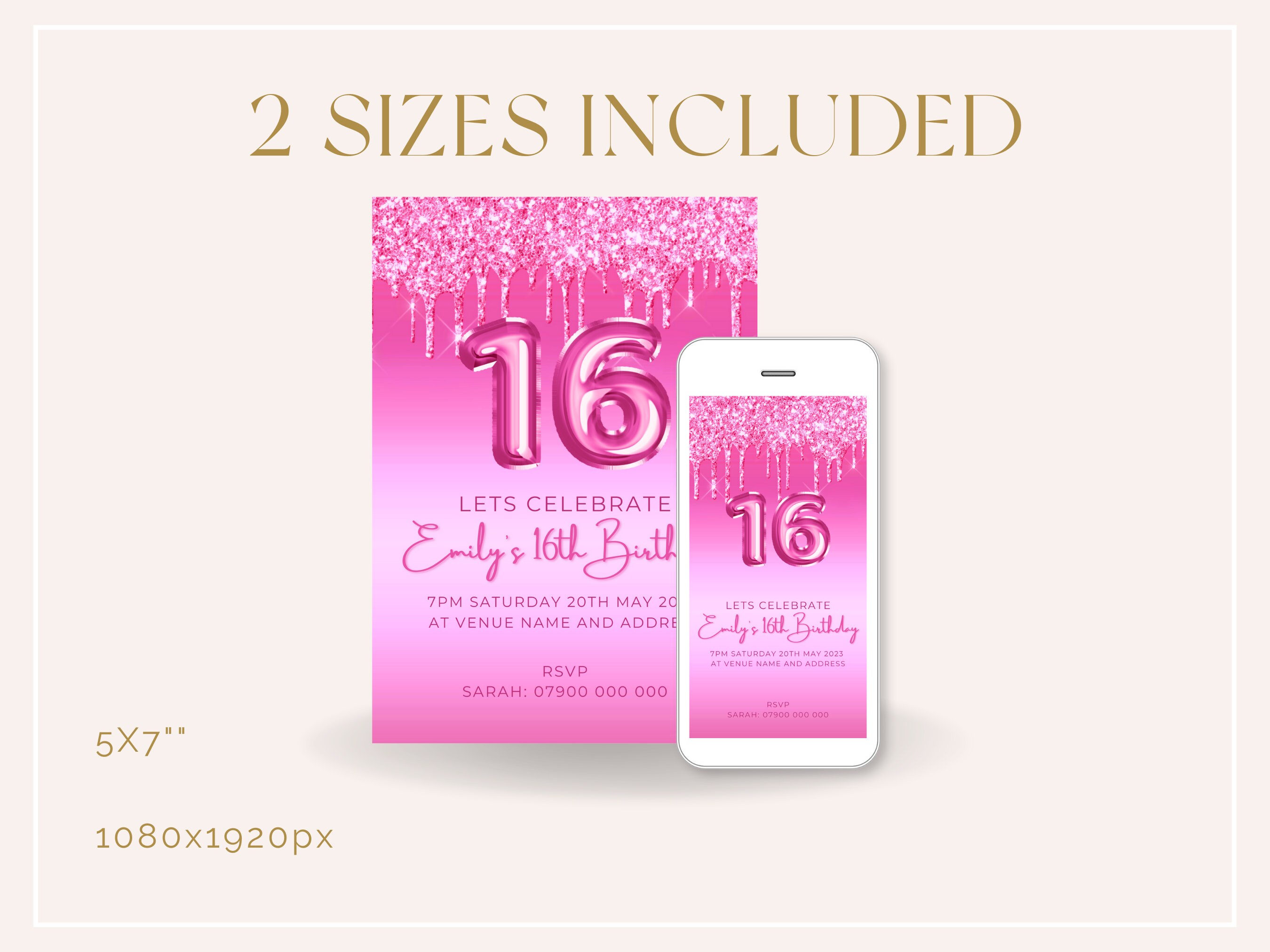 16th Birthday Party Invitation, Hot Pink Fuscia Glitter Foil Balloon ...