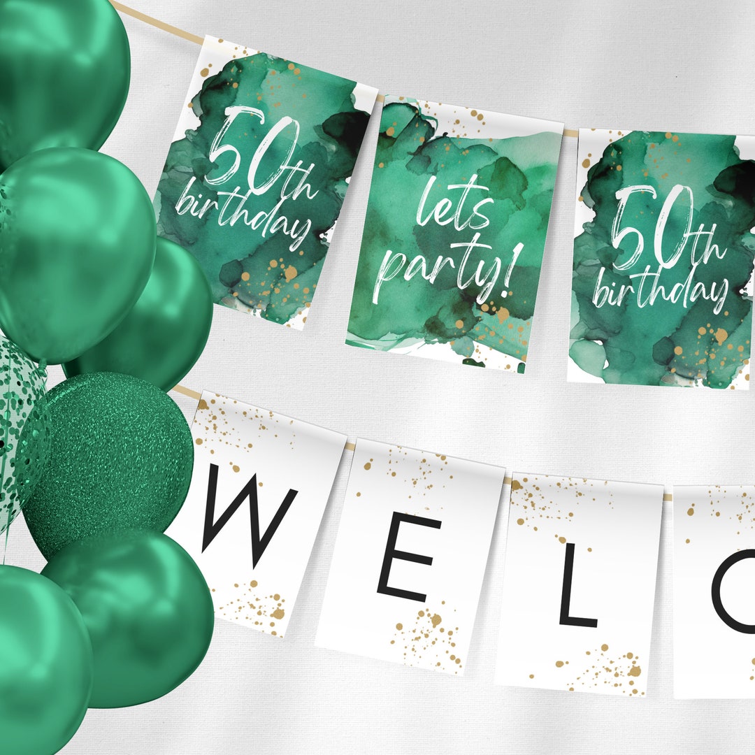 Green Watercolor Custom Bunting, Banner Letters, Emerals and Gold ...
