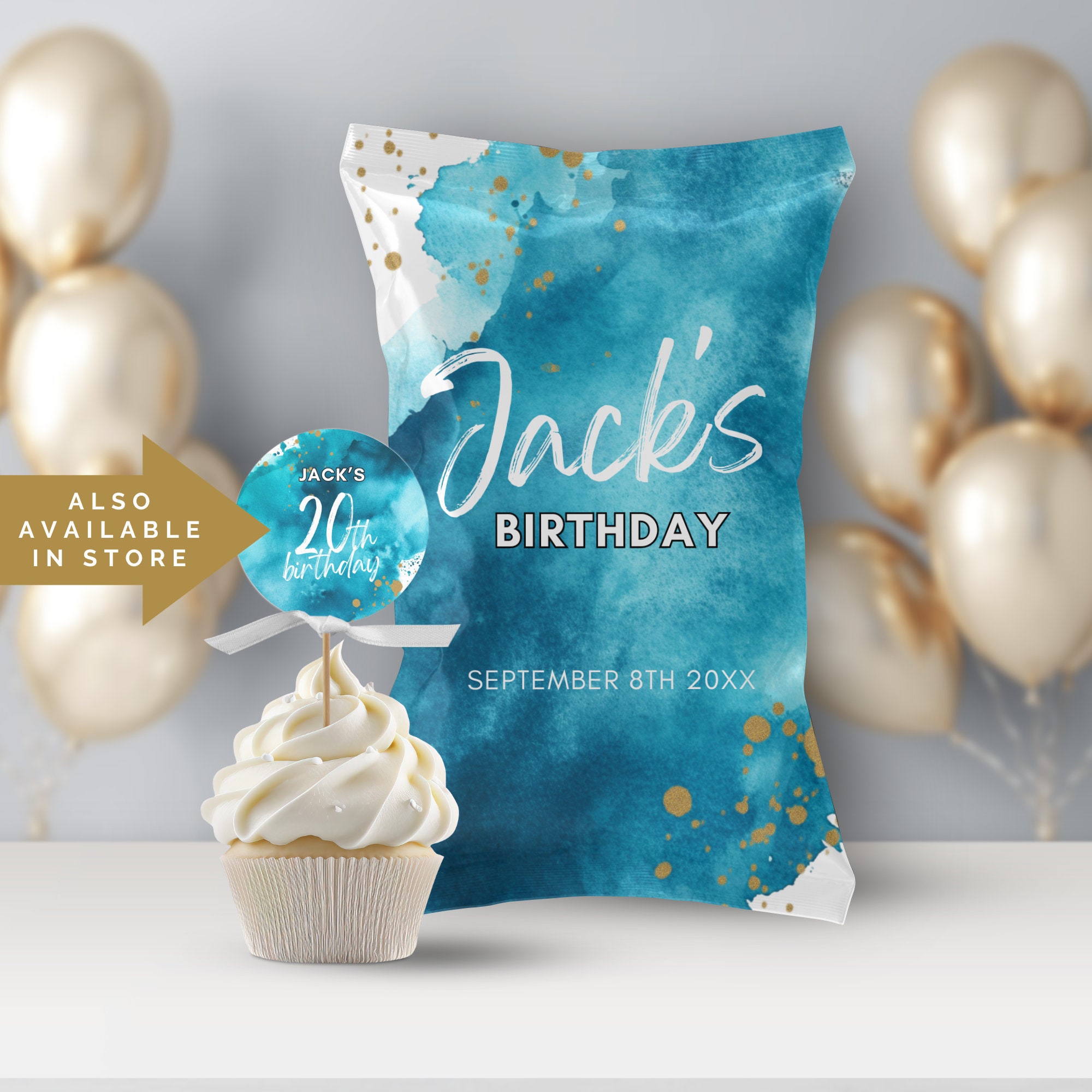 Teal Blue and Gold Chip Bag, Birthday Crisp Packet Label, Snack Package ...