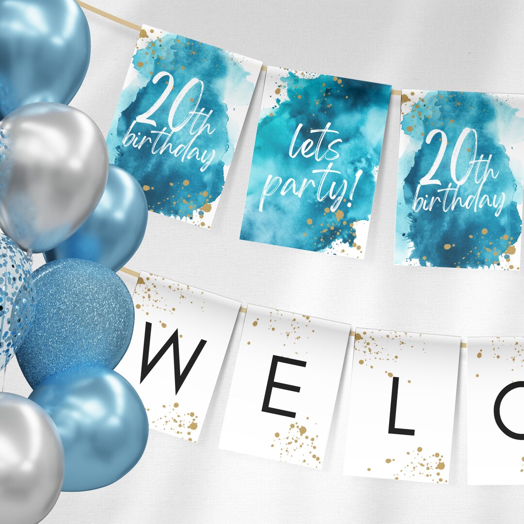 Teal Watercolor Custom Bunting, Banner Letters, Blue and Gold, Editable ...