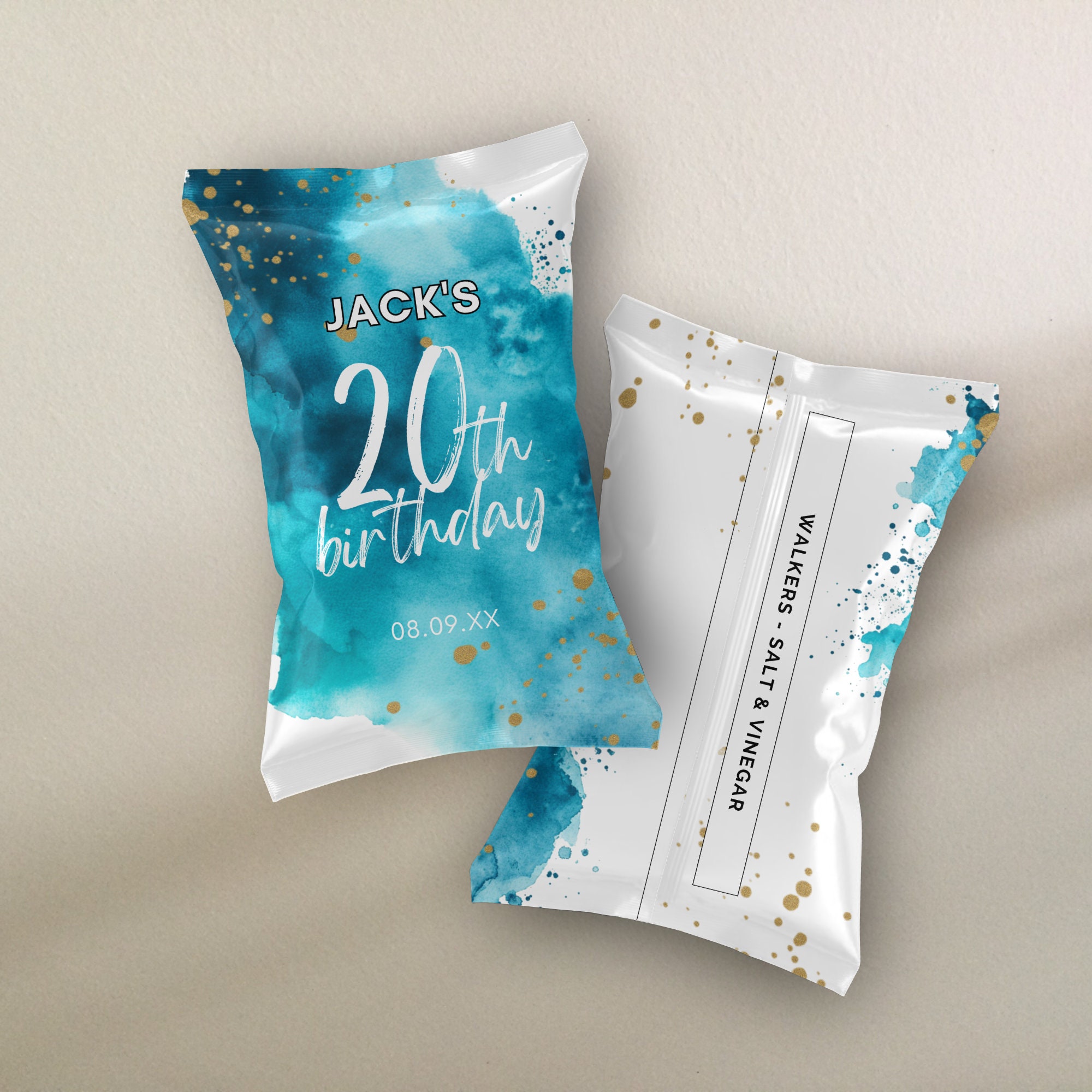 Teal Blue and Gold Chip Bag, Birthday Crisp Packet Label, Snack Package ...
