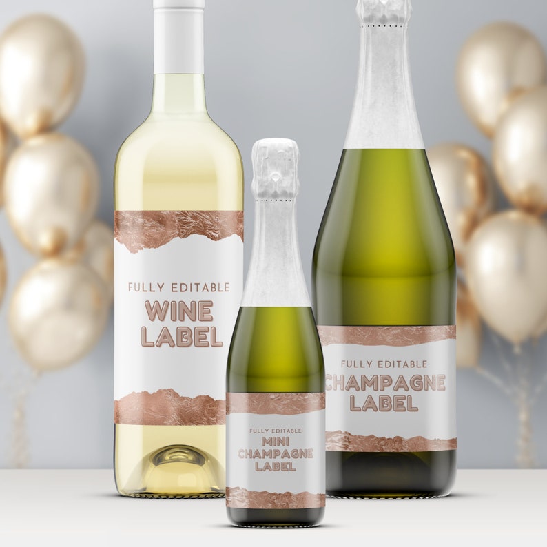 Rose Gold Wine Bottle Label, Dinner Party Drinks Tag, Mini Champagne ...