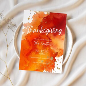 Thanksgiving Invitation Template, Autumn Fall Evite, Orange Watercolor ...