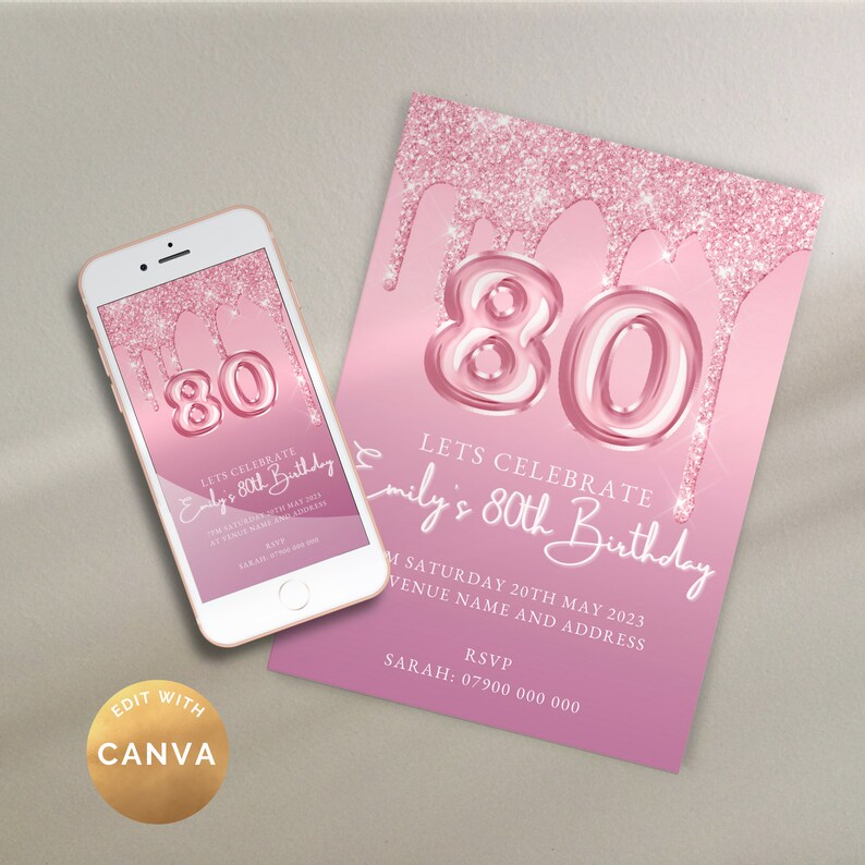 80th Birthday Party Invitation, Dusty Pink Glitter Foil Balloon, Rose ...