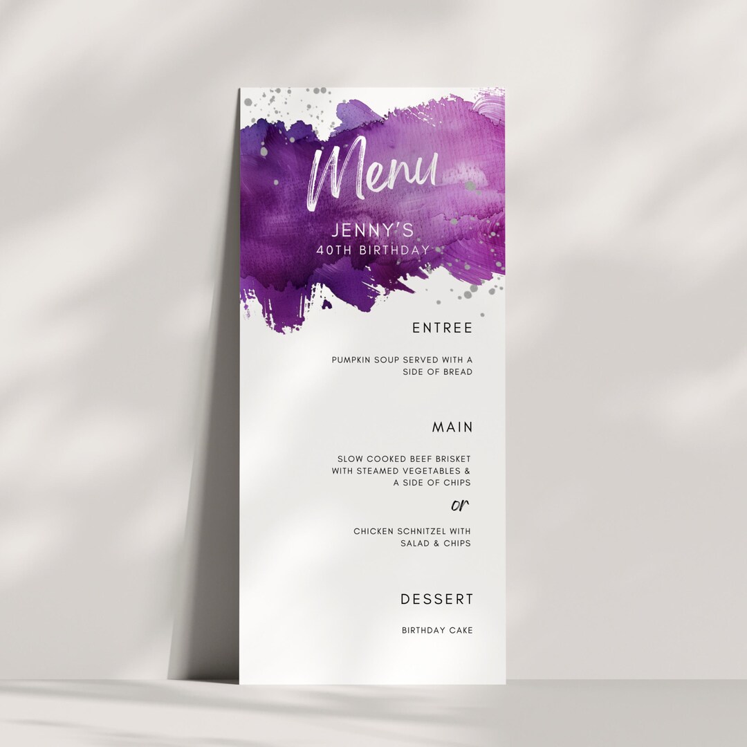 Editable Purple Watercolor Menu Template, Custom Dinner or Drinks Card ...