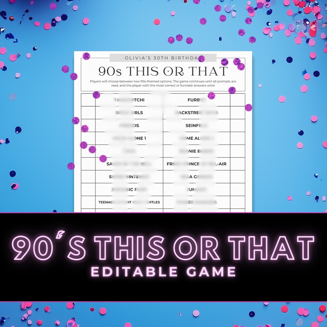 This or That Game Printable, Fun 90s-themed Party Activity, Editable ...