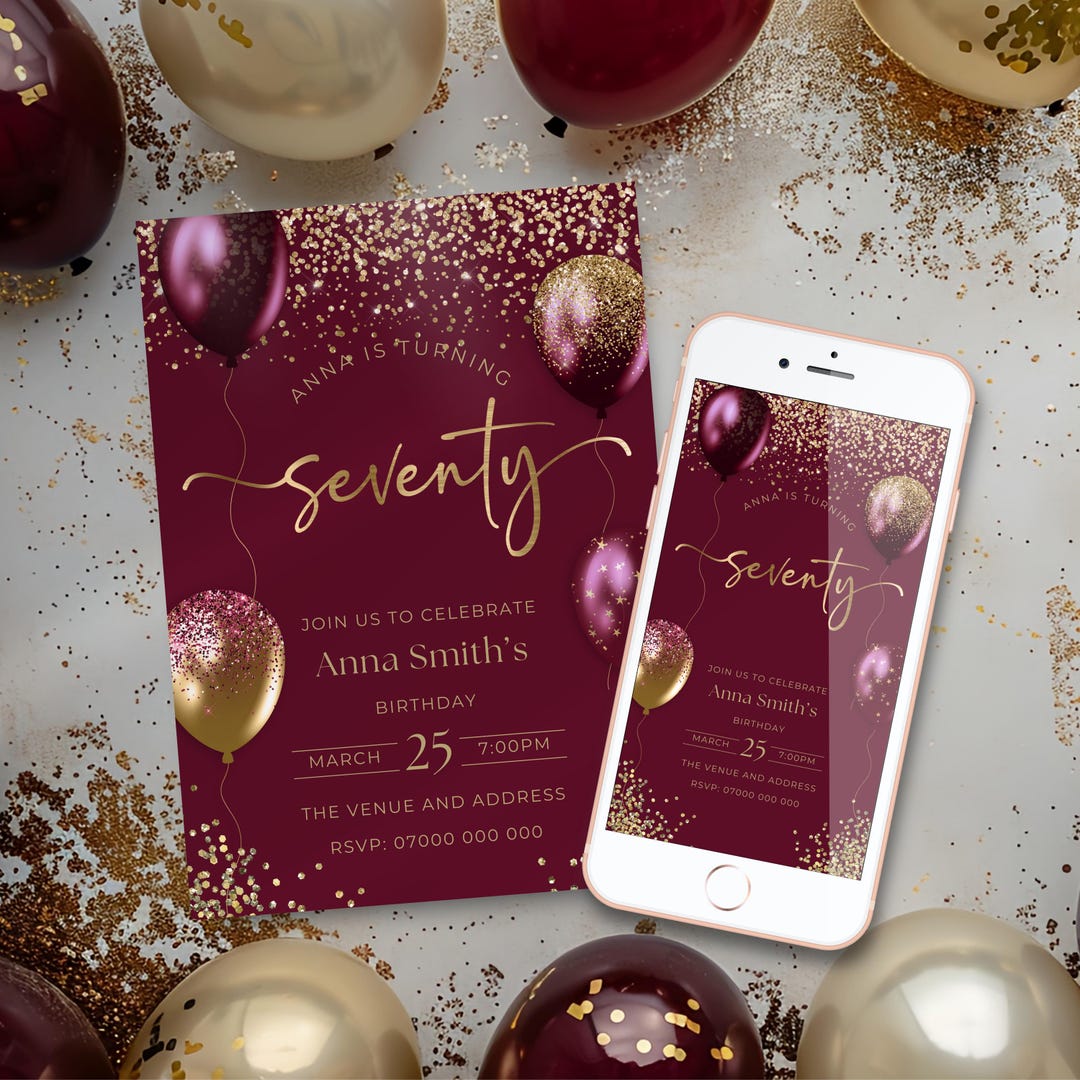 Burgundy and Gold 70th Birthday Invitation - Luxury Red & Metallic ...