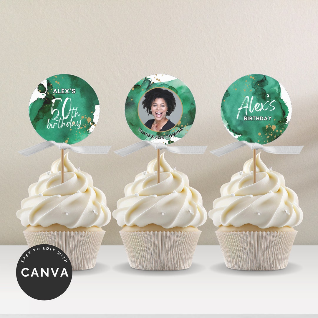 Emerald and Gold Cupcake Toppers, Circle Cake Decoration, Green ...