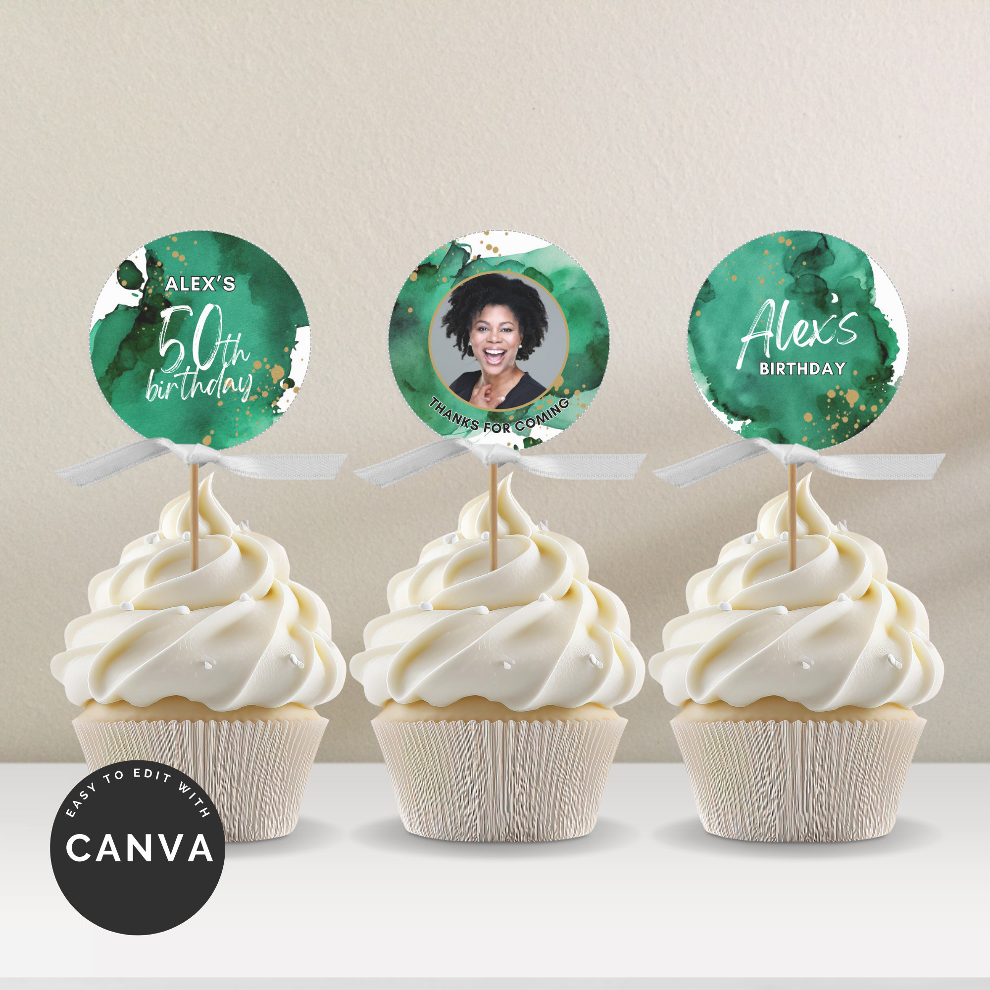 Emerald and Gold Cupcake Toppers, Circle Cake Decoration, Green ...