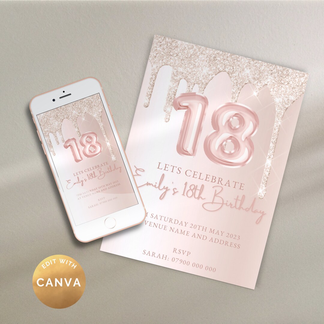 18th Birthday Party Invitation, Blush Baby Pink Glitter Foil Balloon ...