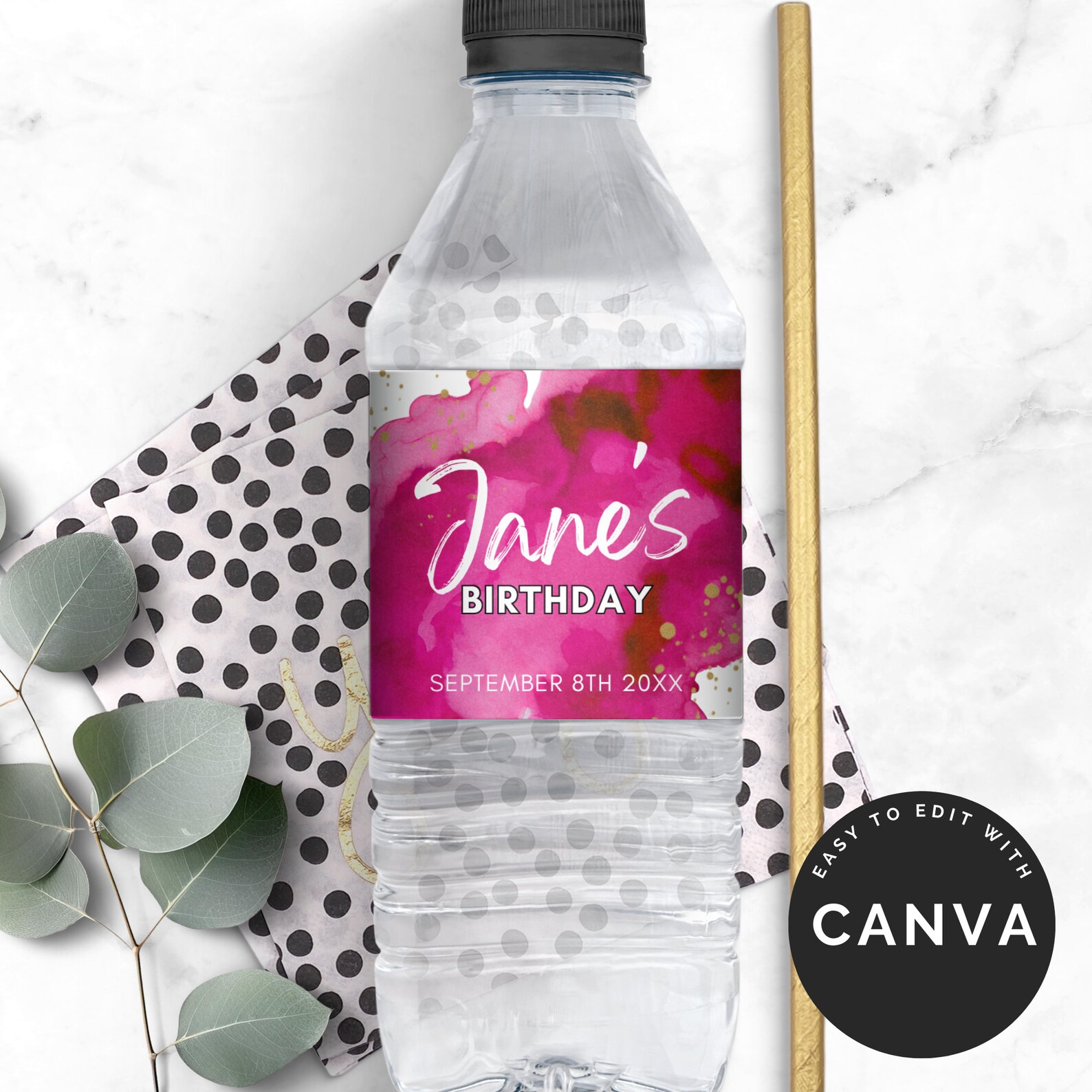 Pink and Gold Water Bottle Labels, Custom Drink Tag, Birthday Party ...