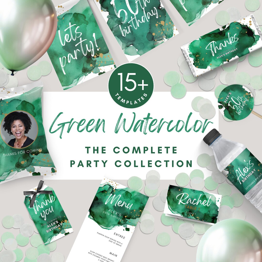 Green Watercolor Birthday Party Bundle, Emerald and Gold Set ...