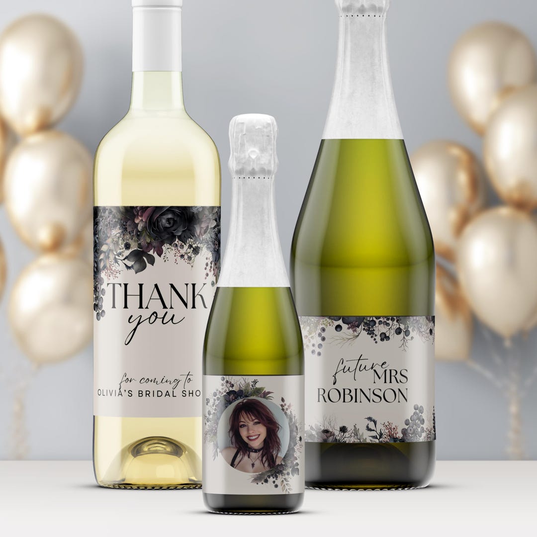 Gothic Custom Wine Bottle Labels - Dark Moody Floral Bridal Shower ...