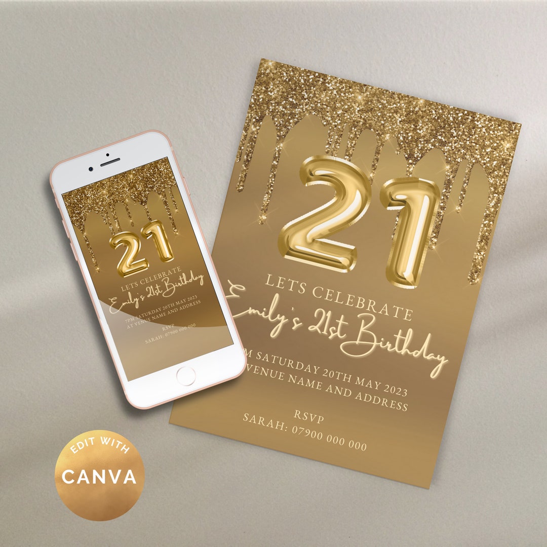 21st Birthday Party Invitation, Yellow Gold Glitter Foil Balloon, Phone ...