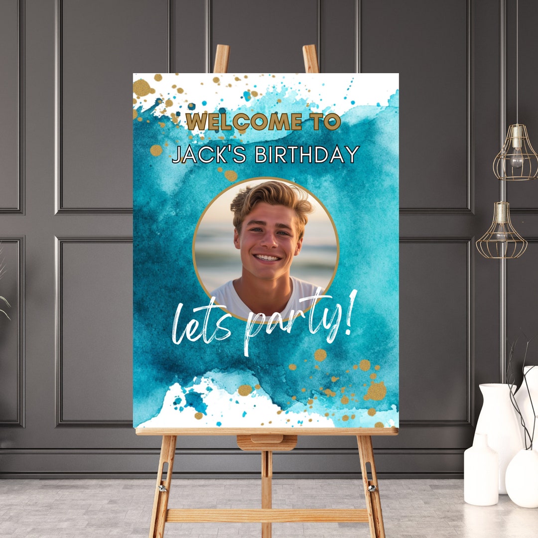 Teal Welcome Sign, Blue and Gold Watercolor Poster With Photo, Greeting ...