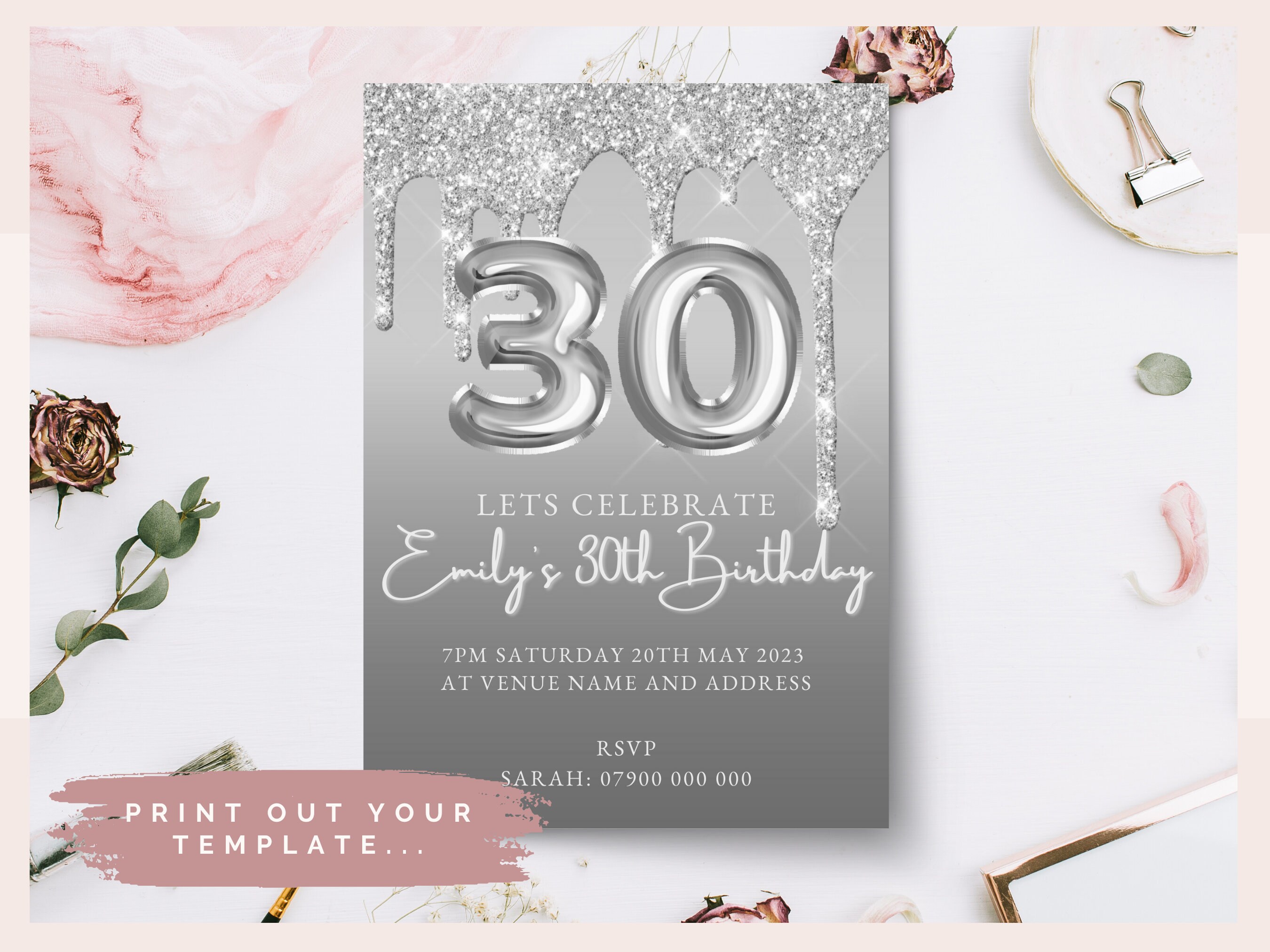 30th Birthday Party Invitation, Metallic Silver Glitter Foil Balloon ...