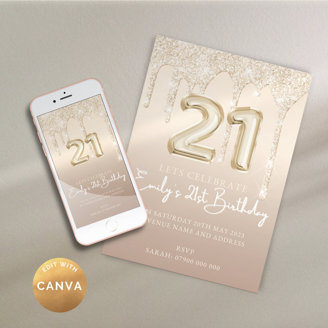 21st Birthday Party Invitation, Champagne Gold Glitter Foil Balloon ...