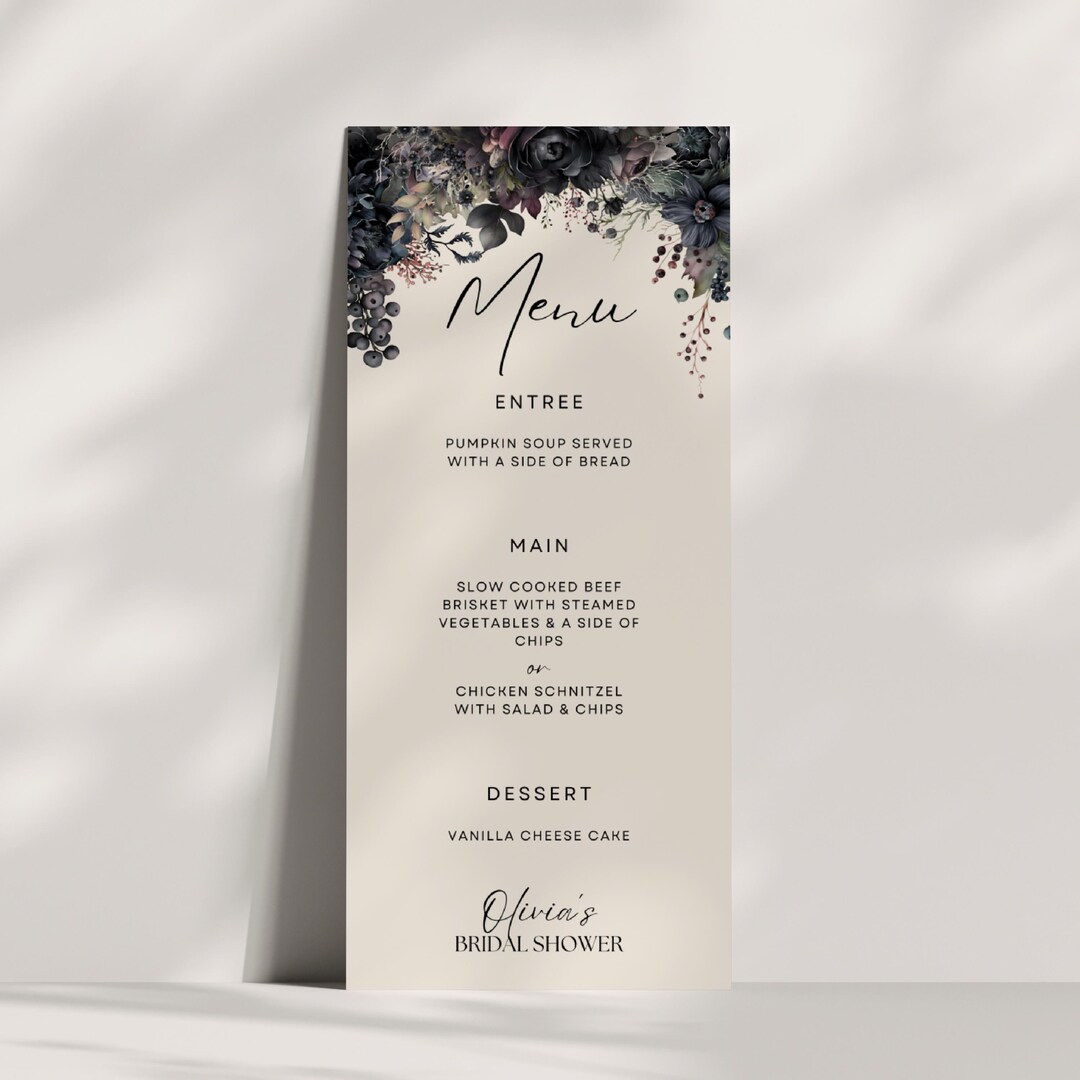 Gothic Floral Dinner Menu - Dark Moody Bridal Shower, Bachelorette ...