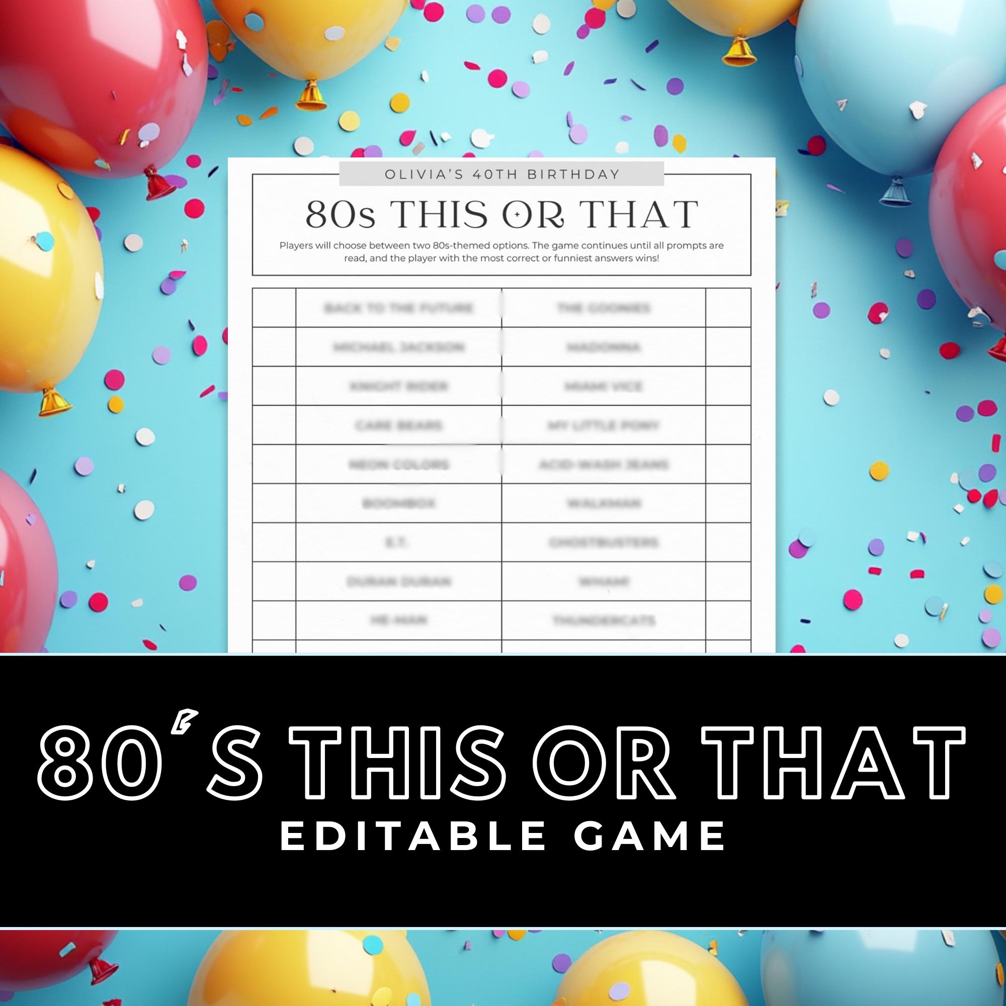 This or That Game Printable, Fun 80s-themed Party Activity, Editable ...