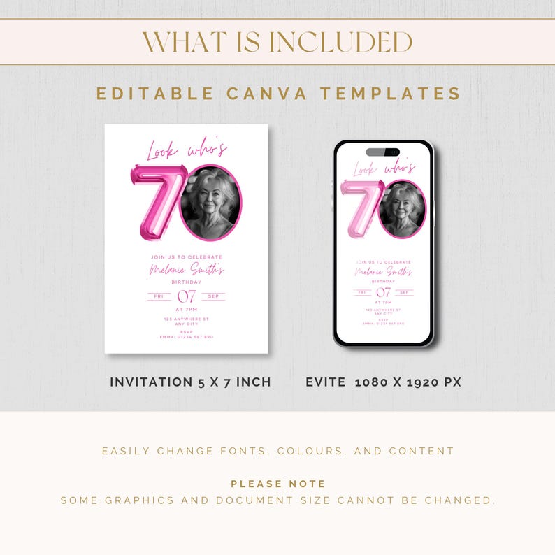 Pink 70th Birthday Invitation - Custom Photo & Balloon Design, Modern ...