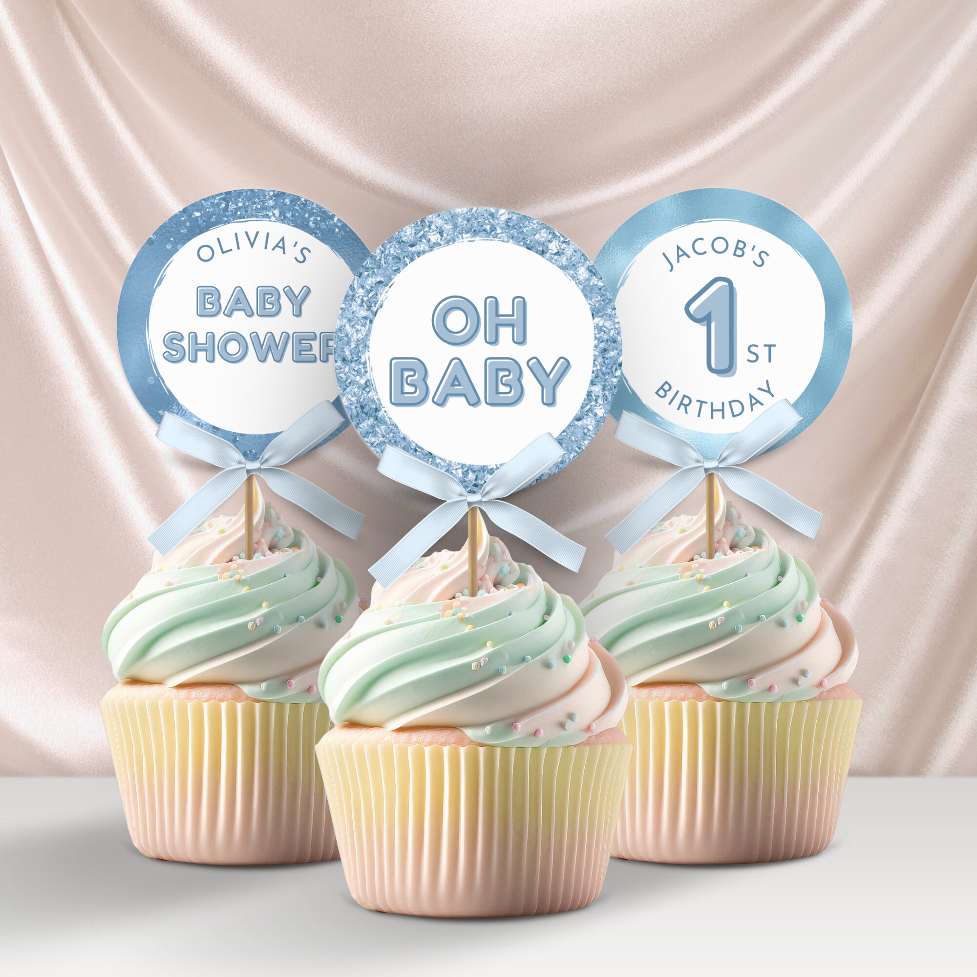 Baby Blue Cupcake Toppers, Circle Cake Decoration, Metallic Glitter for ...