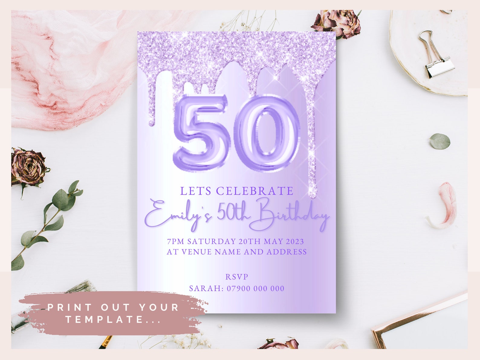 50th Birthday Party Invitation, Lavender Lilac Glitter Foil Balloon ...