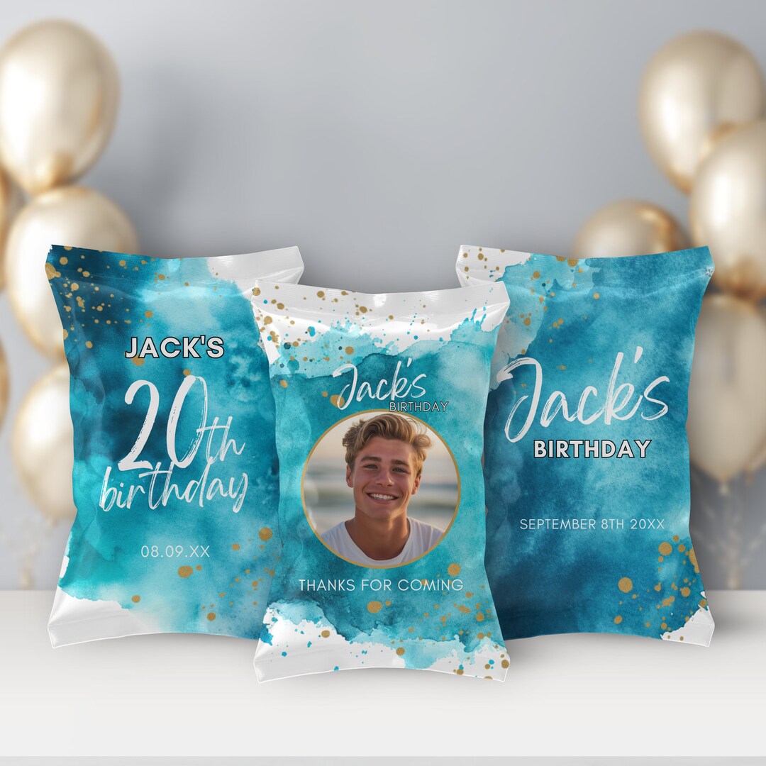 Teal Blue and Gold Chip Bag, Birthday Crisp Packet Label, Snack Package ...