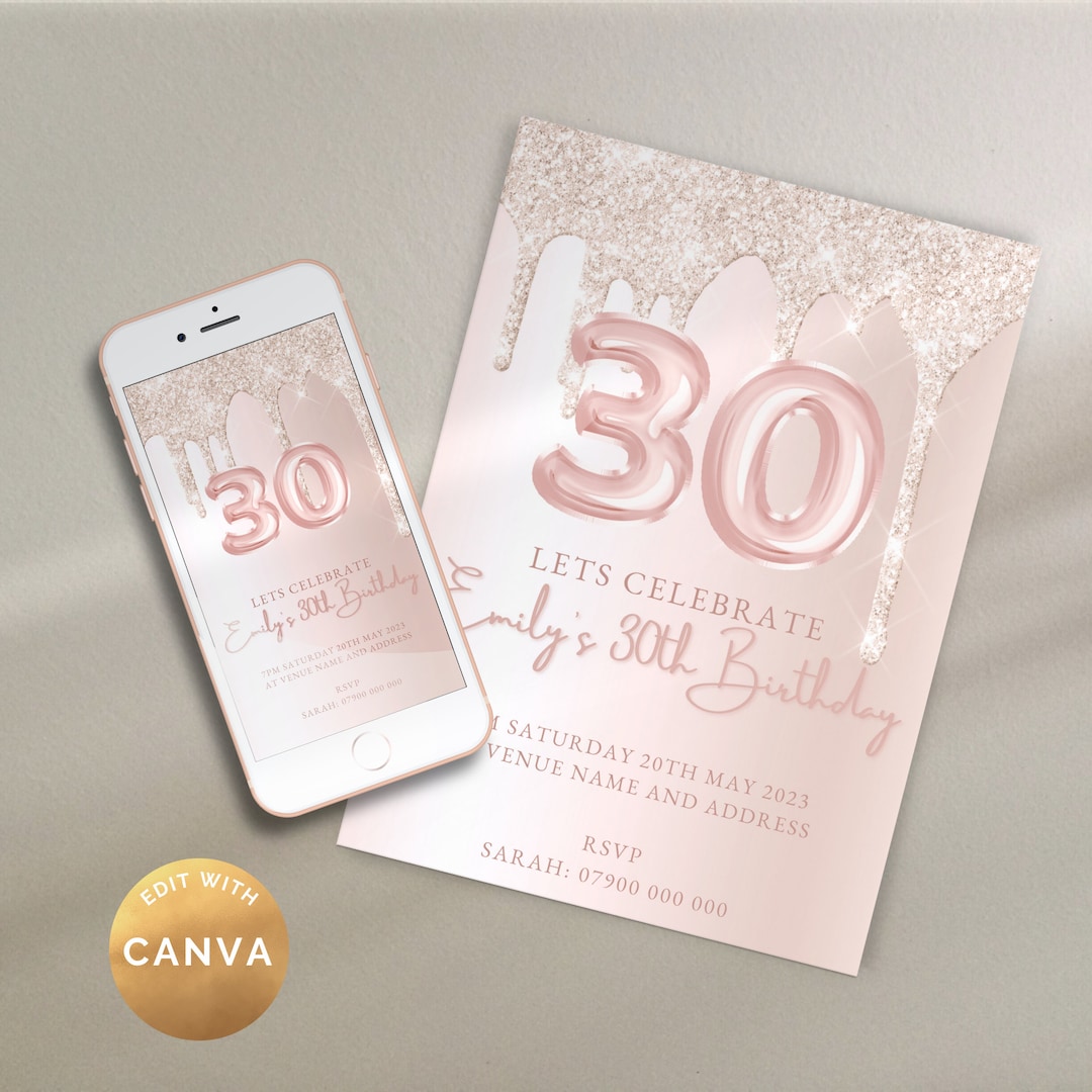 30th Birthday Party Invitation, Blush Baby Pink Glitter Foil Balloon ...