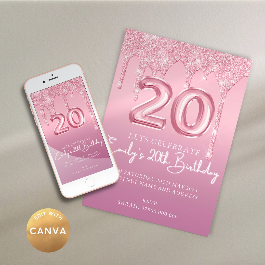 20th Birthday Party Invitation, Dusty Pink Glitter Foil Balloon, Rose ...