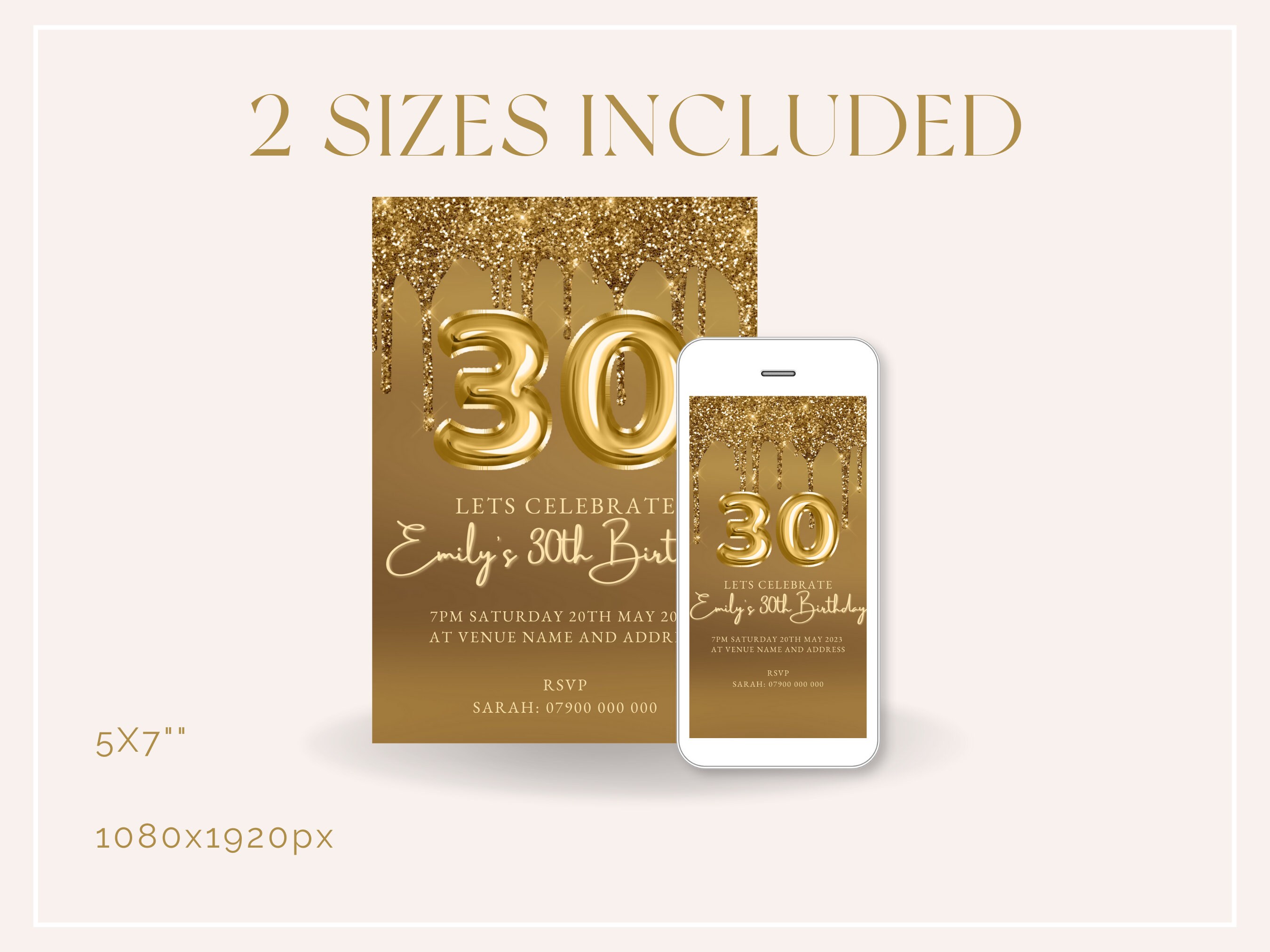 30th Birthday Party Invitation, Gold Glitter Foil Balloon, Editable ...